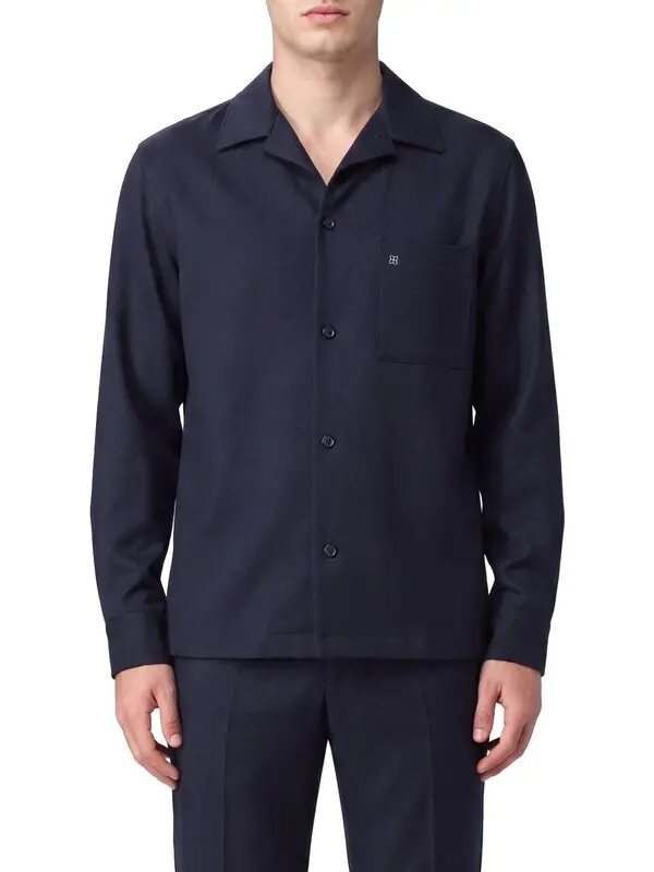 Tagliatore Casual Cuban Collar Shirt In Stretch Virgin Wool With Patch Pockets - Blue