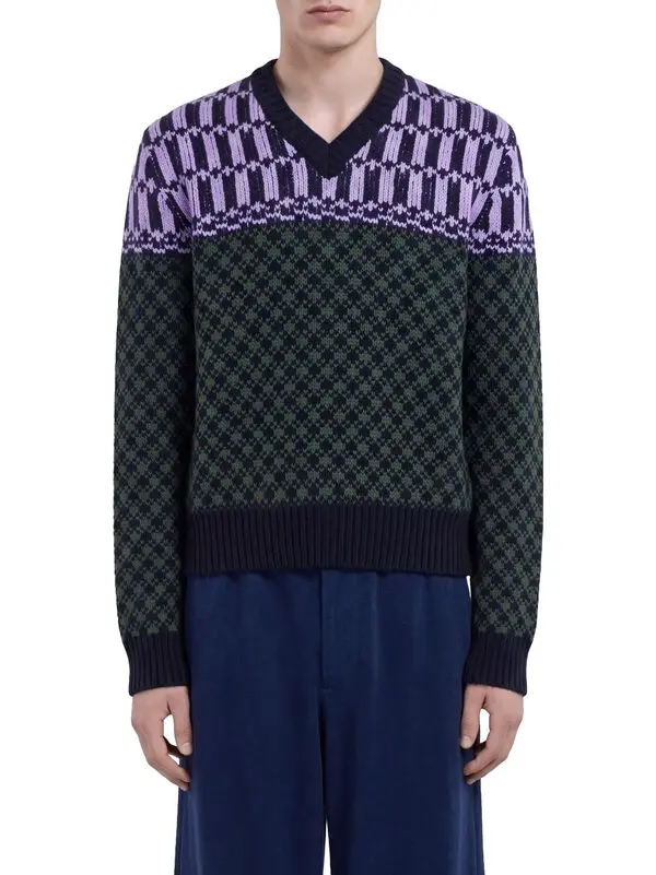 Marni Geometric Print V-neck Sweater - Grey