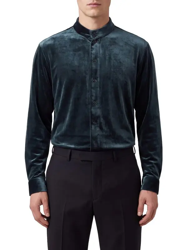 Giorgio Armani Silk And Viscose Velvet Shirt With Mandarin Collar - Teal