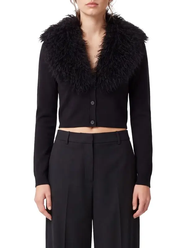 TWINSET Cropped Cardigan With Fur Collar - Black
