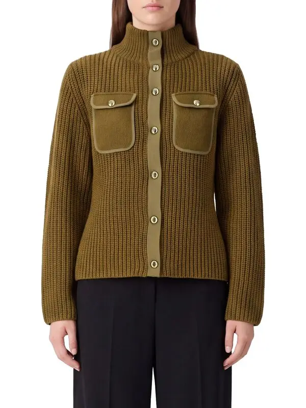 Pinko Ribbed Knit Mock Neck Sweater With Pocket Details - Green