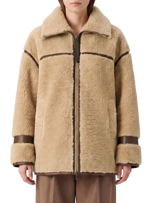 Pinko Oversized Shearling Jacket With Leather Trim - Beige