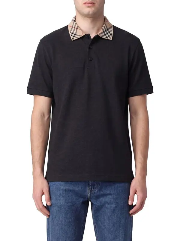 Burberry Cotton Polo Shirt With Check Collar And Ekd Logo Embroidery - Black