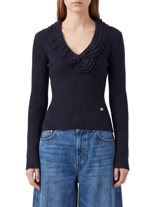 GANNI Ribbed Knit Sweater With Ruffle Neck - Blue