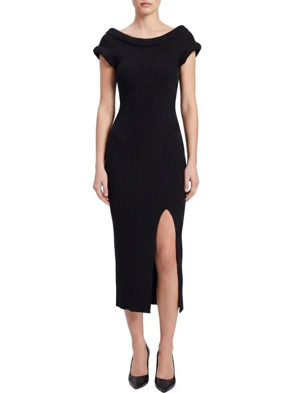 Elisabetta Franchi Ribbed Knit Midi Dress With Slit - Black