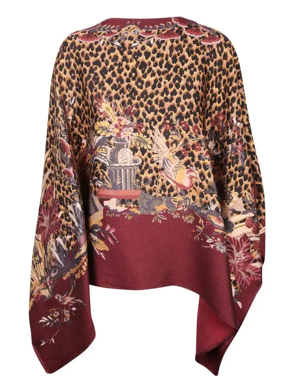 Etro Leopard-print Floral-pattern Poncho - Brown