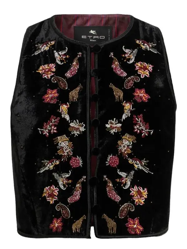 Etro Cropped Velvet Waistcoat With Embellished Embroidery - Black