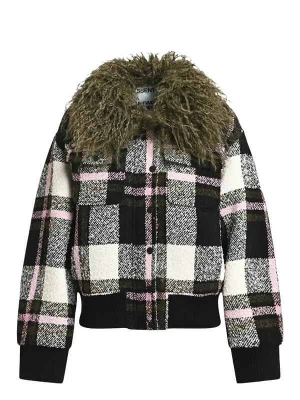 Essentiel Antwerp Checked Faux Fur Collar Jacket - Black