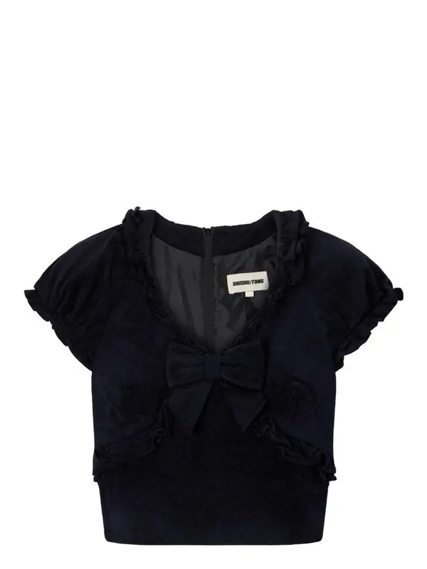 SHUSHU/TONG Velvet Bow-tie Ruffle Cropped Top - Blue
