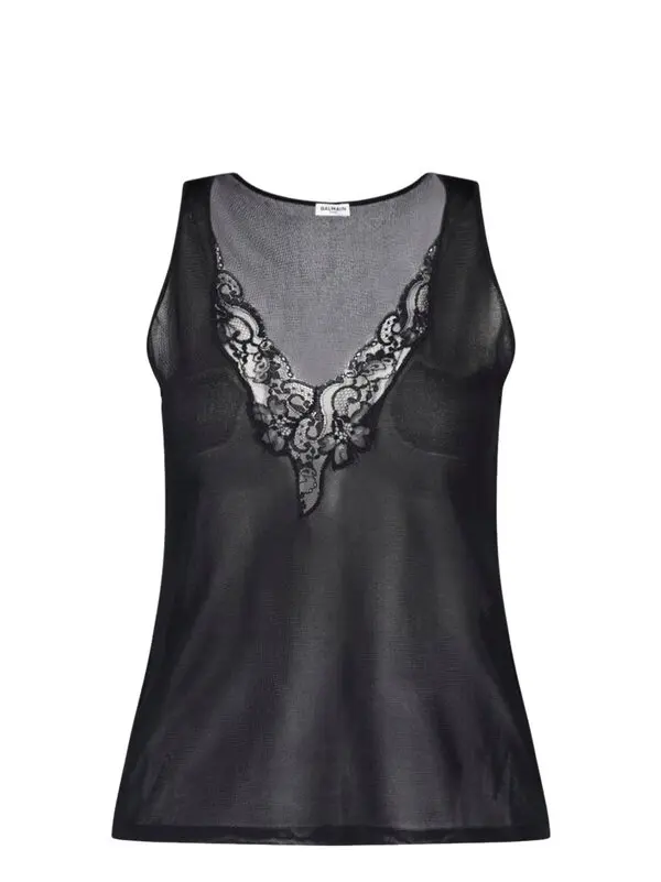 Balmain Lace Trim Sheer V-neck Tank Top - Black