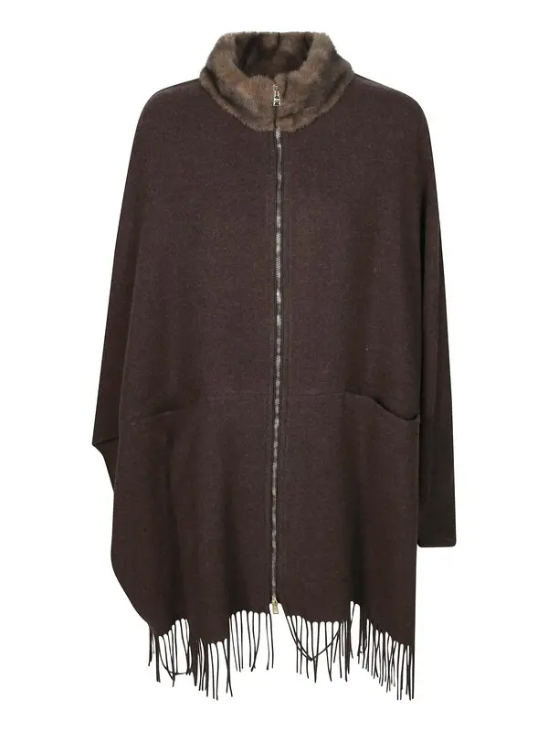 Herno Zip-up Fur-trimmed Cape Coat - Marrone