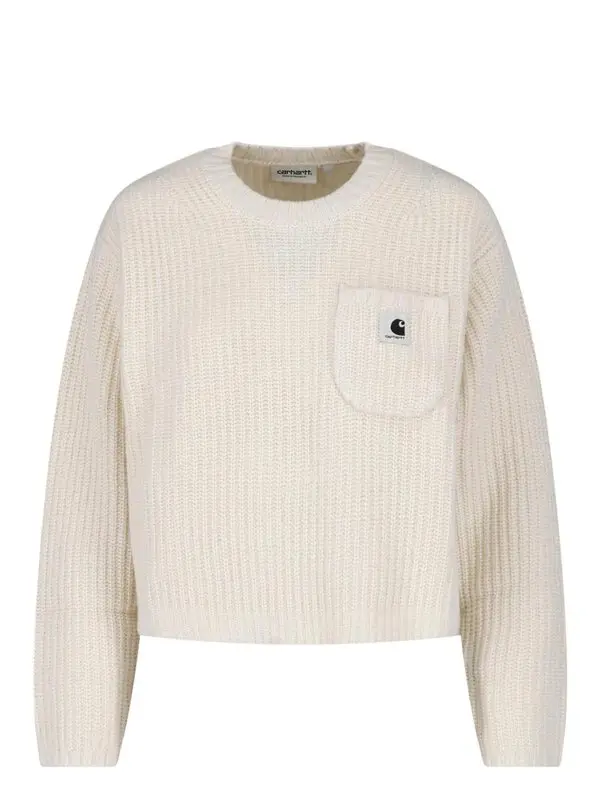 Carhartt Work In Progress Ribbed Cropped Crewneck Sweater With Chest Pocket - White