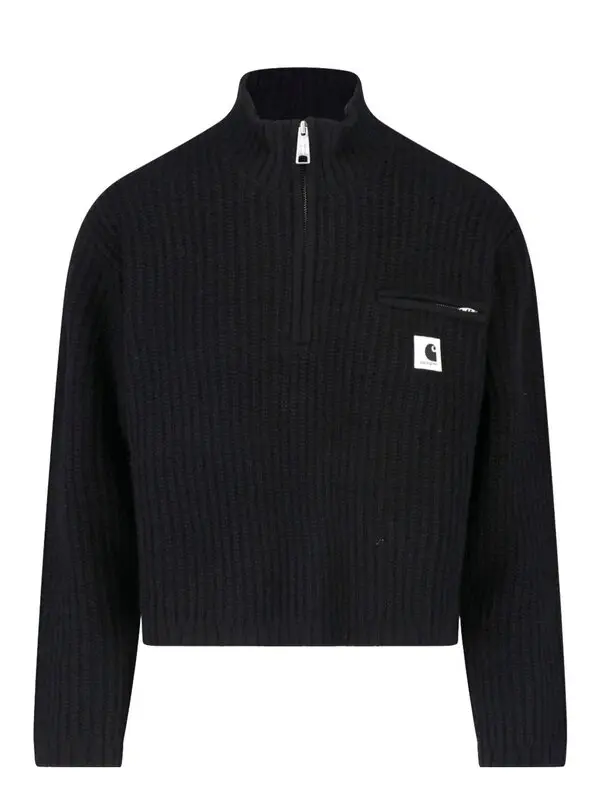 Carhartt Work In Progress Ribbed Knit Mock Neck Half-zip Sweater With Chest Pocket - Black