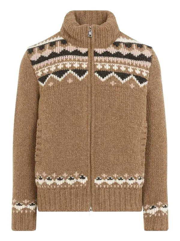 Moncler Jacquard Wool Blend Cardigan Jacket - Brown