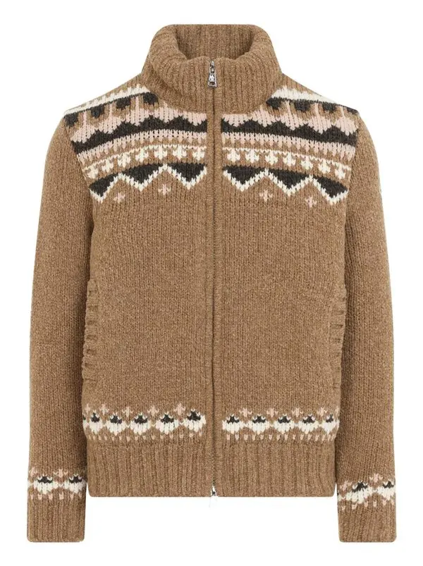 Moncler Jacquard Wool Blend Cardigan Jacket - Brown