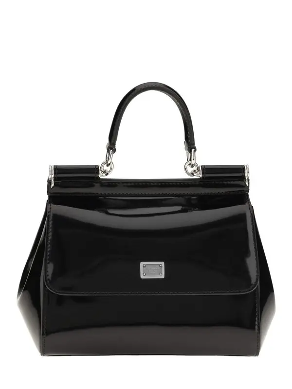 Dolce & Gabbana Small Sicily Glossy Calfskin Handbag - Black