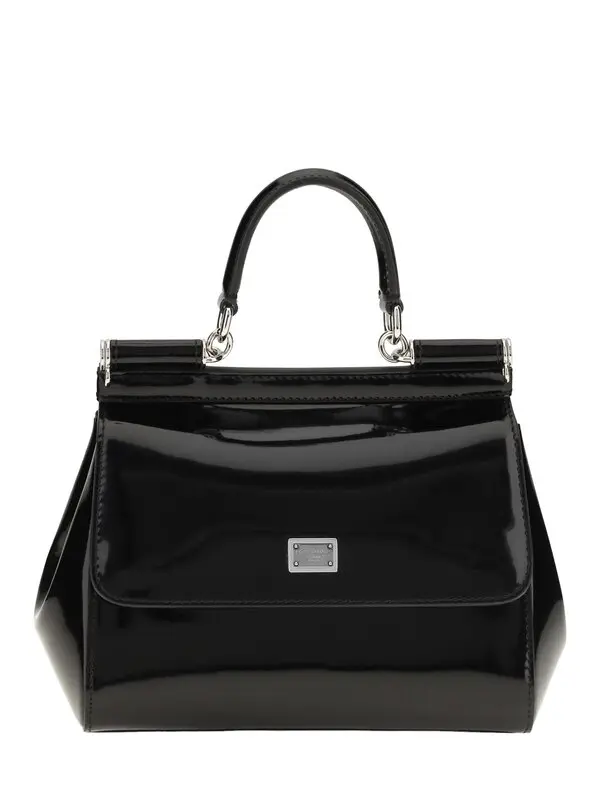 Dolce & Gabbana Small Sicily Glossy Calfskin Handbag - Black