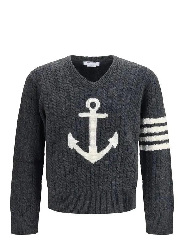 Thom Browne Anchor Motif Merino Wool Sweater - Gray