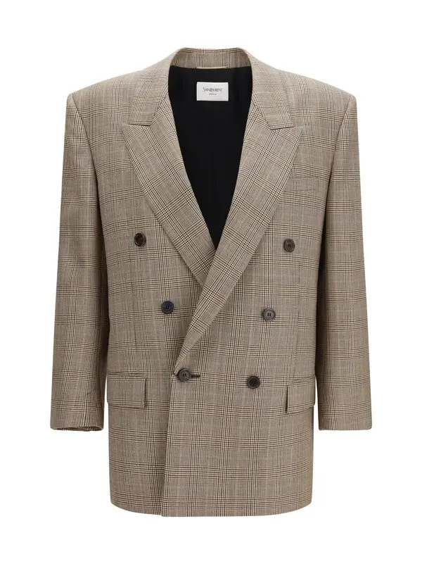 Saint Laurent Prince Of Wales Houndstooth Wool Blazer - Cream