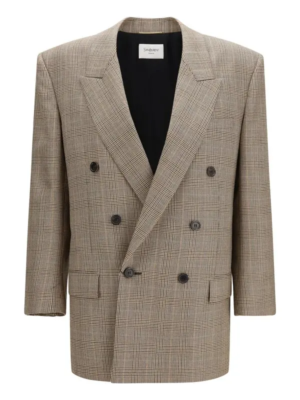 Saint Laurent Prince Of Wales Houndstooth Wool Blazer - Cream