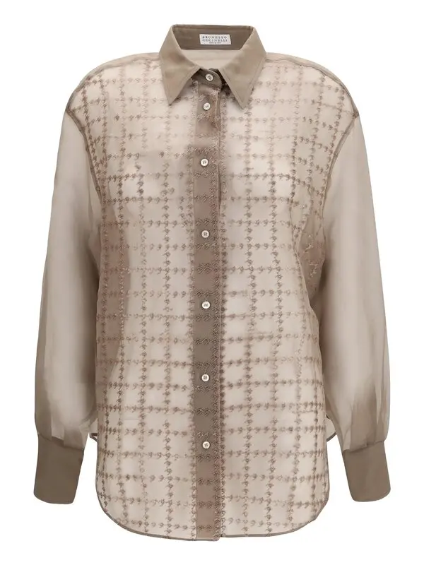 Brunello Cucinelli Sheer Checked Shirt With Sequins - Cream