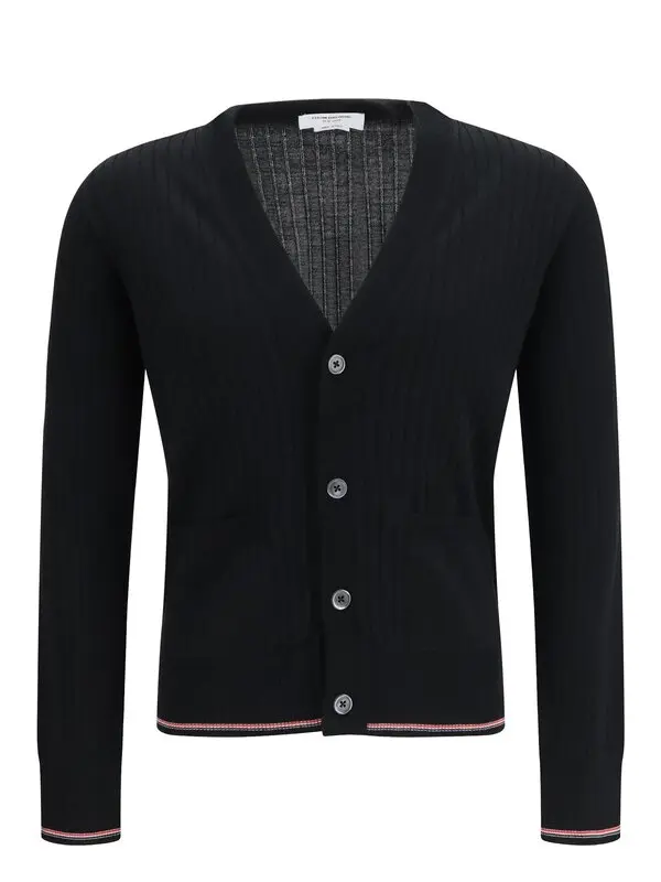 Thom Browne Ribbed Merino Wool V-neck Cardigan - Black