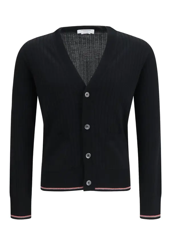 Thom Browne Ribbed Merino Wool V-neck Cardigan - Black