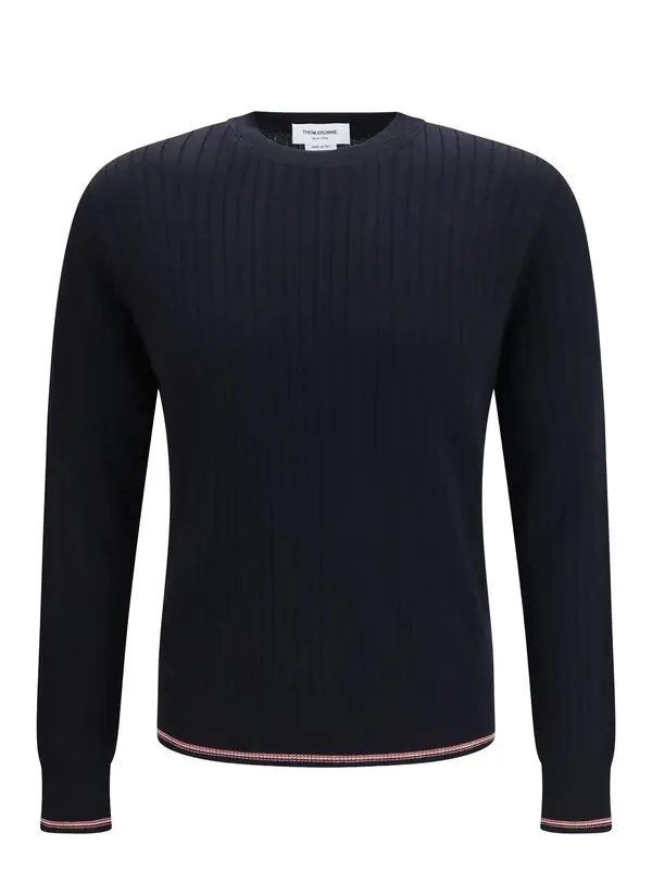 Thom Browne Crewneck Cotton Knit Sweater With 4-bar Detail - Blue
