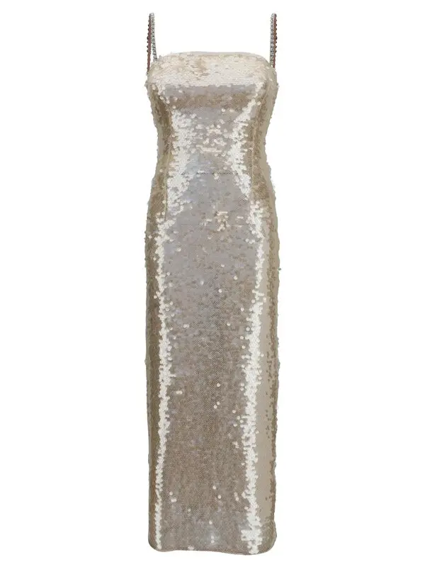 NISSA Sequin Midi Dress With Crystal Embellished Straps - Gold