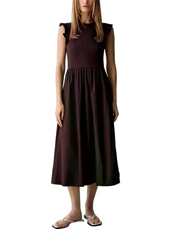 Marc O'polo Ribbed-knit Midi Dress With Ruffled Trim - Purple