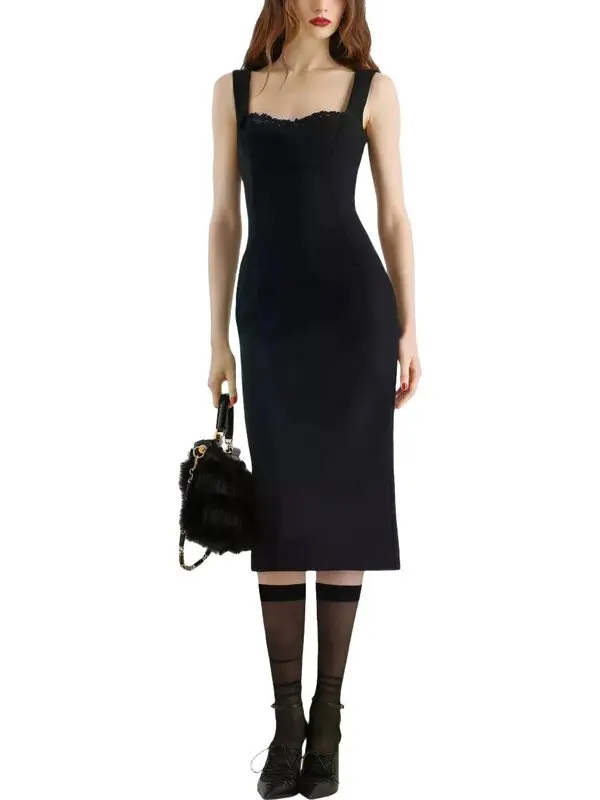Dolce & Gabbana Double Wool Crêpe Midi Dress With Lace Trim - Black