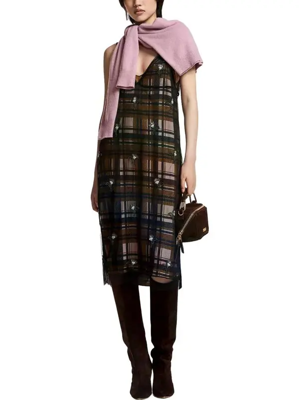 Essentiel Antwerp Floral Embellished Plaid Midi Dress - Brown