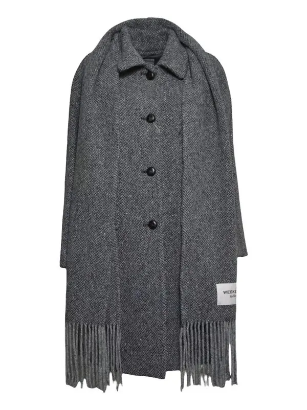Max Mara Herringbone Fringed Coat - Grey