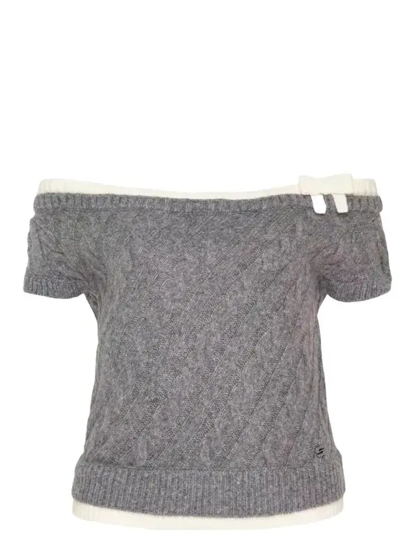 SHUSHU/TONG Cable Knit Bow Detail Off-the-shoulder Top - Grey