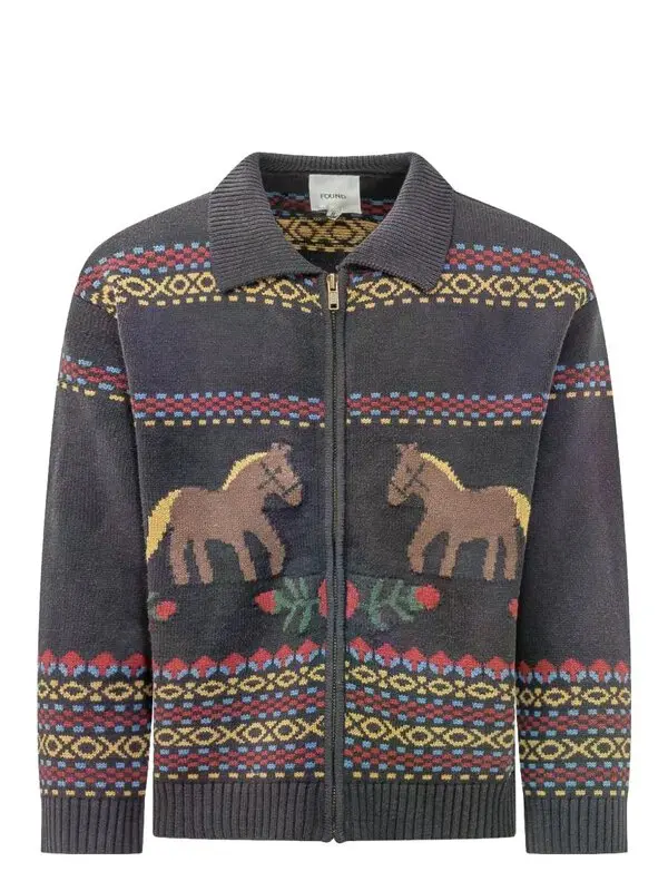 FOUND Isles Horse-intarsia Zip-up Cardigan - Blue