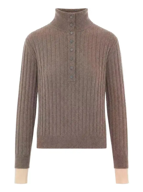 ELEH Ribbed Knit Button-up Sweater - Brown