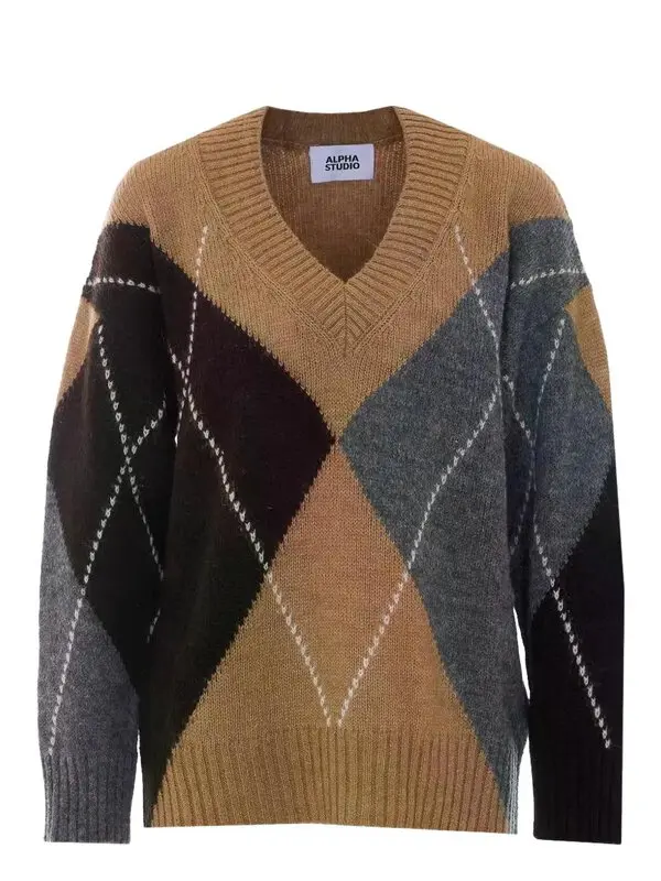 Alpha Studio Argyle V-neck Sweater - Brown