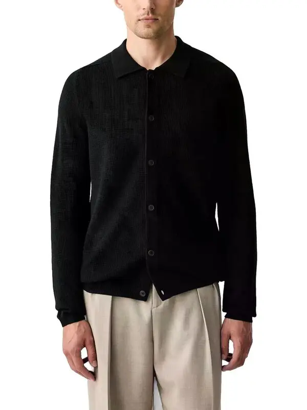 Marc O'polo Button-up Wool Cardigan With Waffle-knit Texture - Black