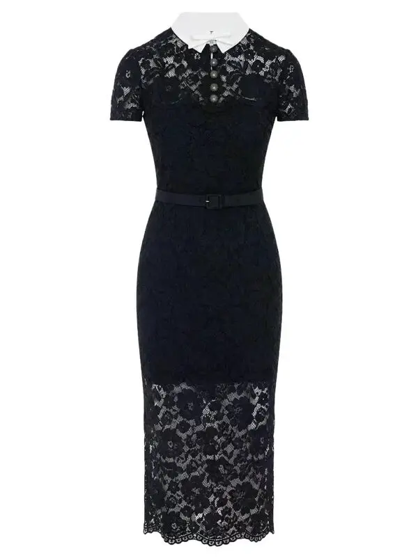 SELF-PORTRAIT Belted Lace Panel Dress - Black