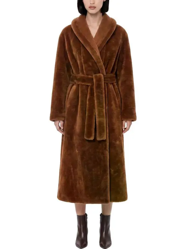 THELAURENT Belted Faux Fur Coat - Brown