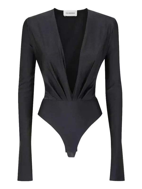 Andamane The Attico Plunging Pleated Bodysuit - Black