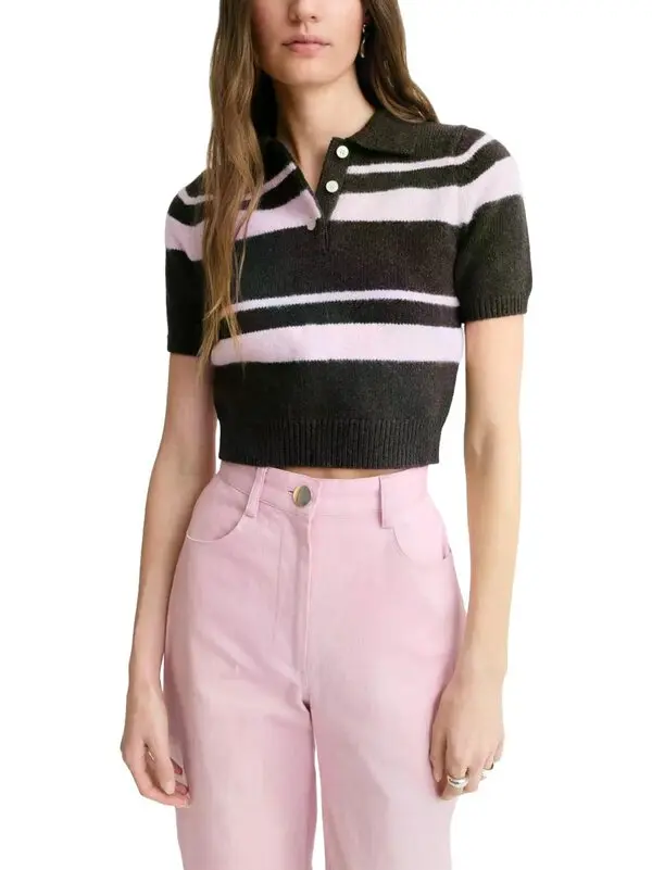 Matthew Bruch Striped Polo-collar Cropped Sweater - Brown