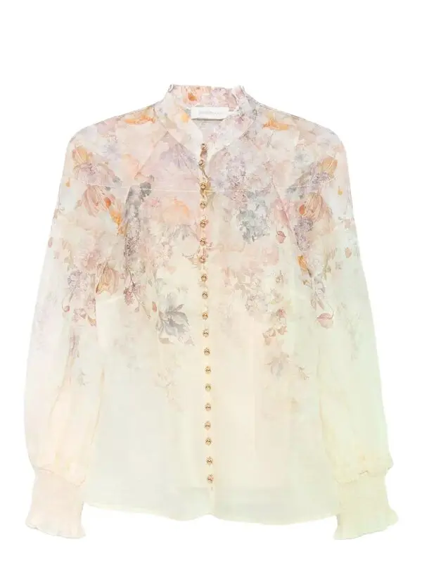 Zimmermann Floral Print Silk-blend High Neck Shirt - Neutrals