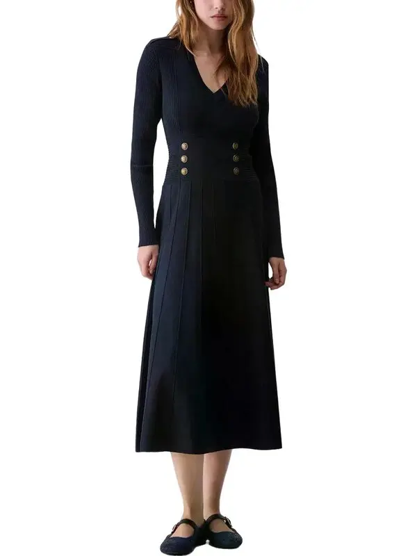 Liu Jo Knit Midi Dress With V-neckline And Golden Buttons - Blue