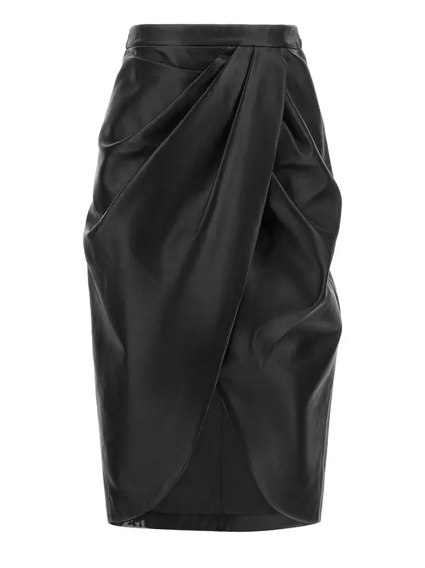 Balmain Lamb Nappa Leather Draped Midi Skirt - Black