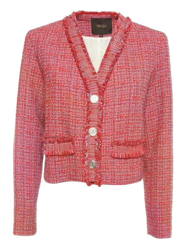 Maje Tweed Cropped Jacket With Fringe Trim - Pink