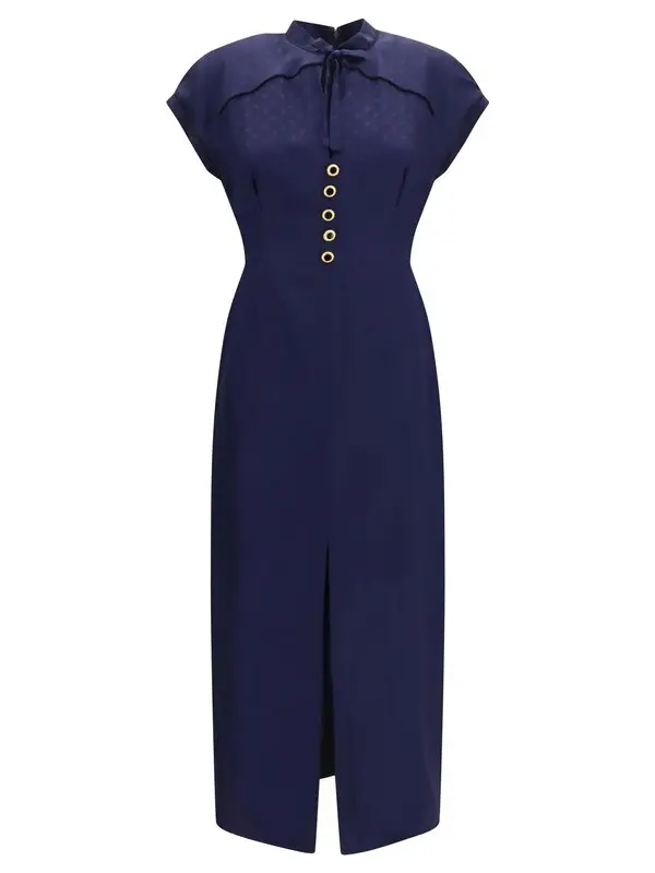 Alessandra Rich Silk Midi Dress With Contrast Piping - Blue
