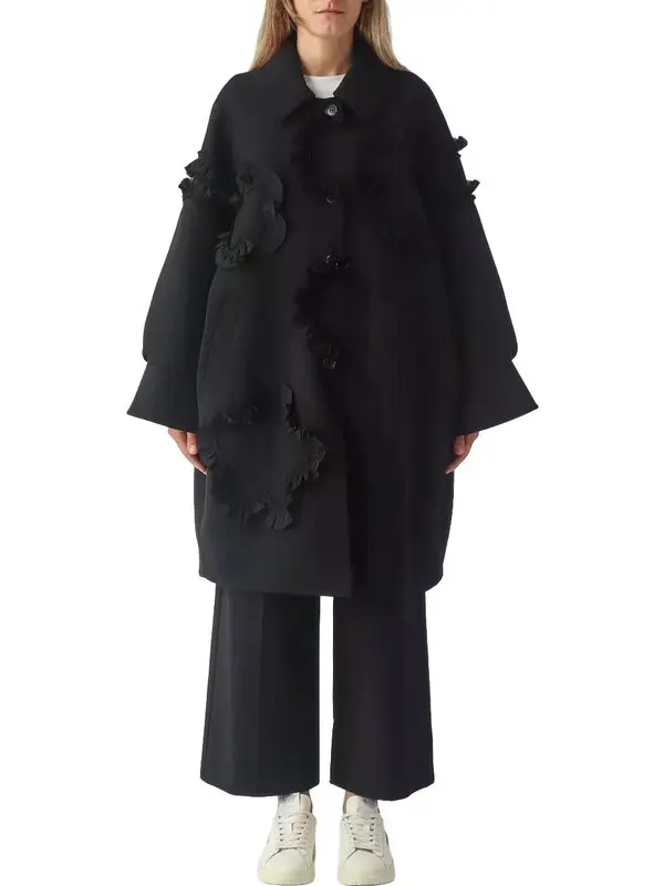 MEIMEIJ Ruffled Floral-appliqué Coat - Black