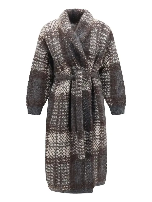 Brunello Cucinelli Macrocheck Mohair Blend Coat With Belt - Gray