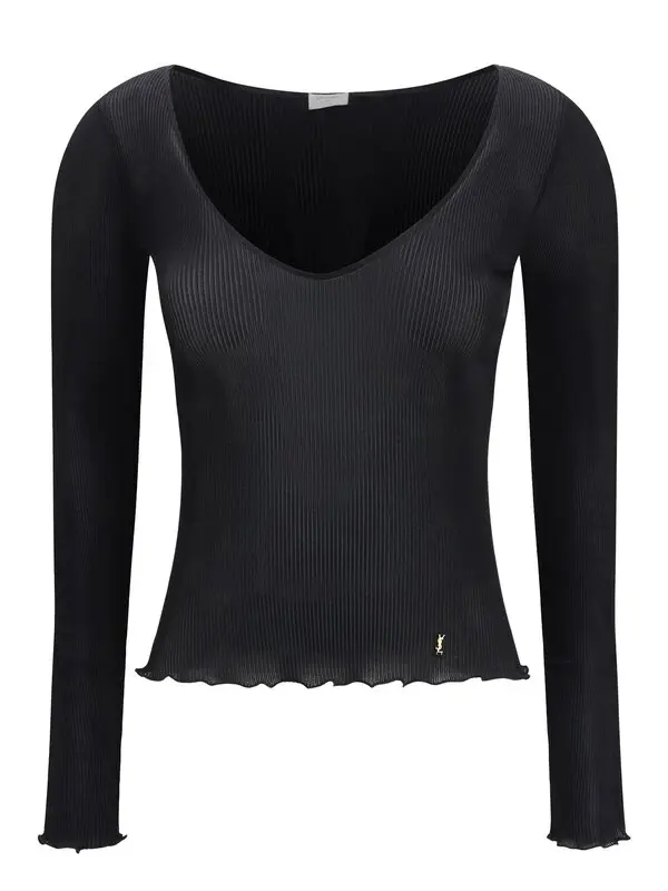 Saint Laurent Cassandre Ribbed V-neck Silk Top - Black